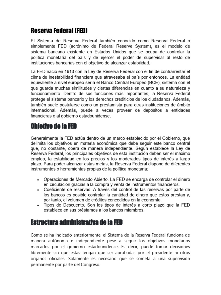 Funciones y Estructura de la FED | PDF | Reserva Federal | La política ...