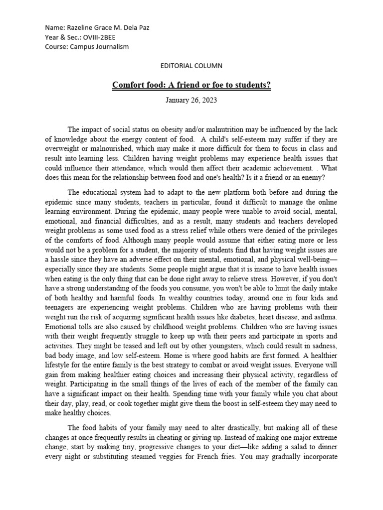 Dela Paz, Razeline Grace - S Eng 32 - Editorial Column | PDF | Obesity ...