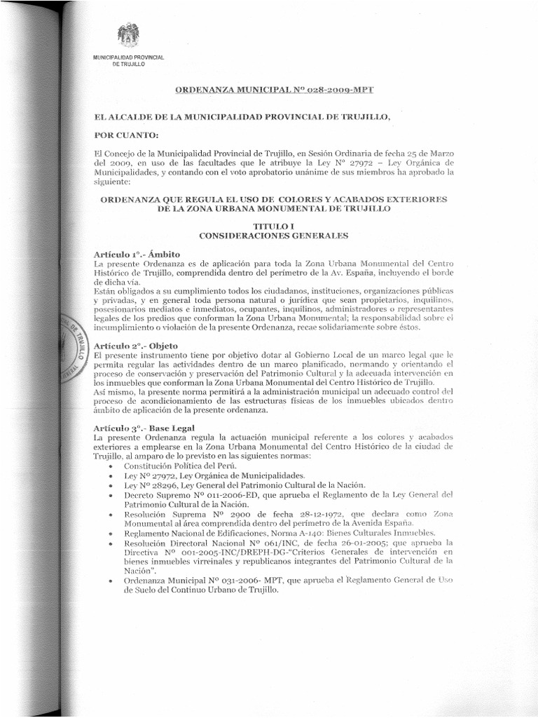 Ordenanza Municipal #028-2009-MPT | PDF