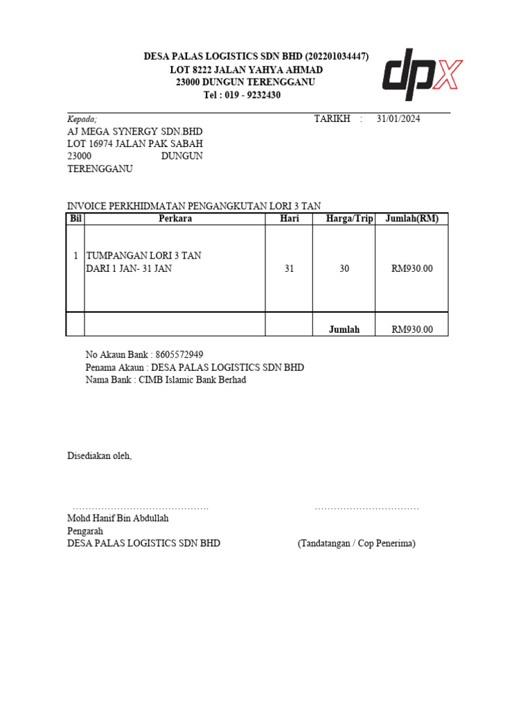 Invoice Pengangkutan Lori 3 Tan TRG428 - Jan | PDF