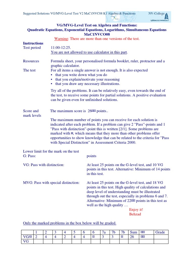 Vg/Mvg-Level Test On Algebra and Functions: Quadratic Equations ...