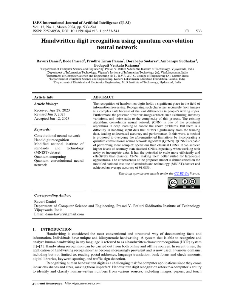 Handwritten Digit Recognition Using Quantum Convolution Neural Network Pdf Artificial Neural