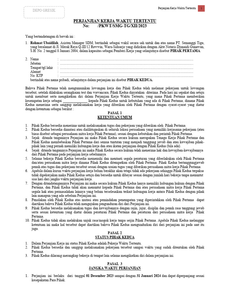 FORM PKWT - Dp. Gresik | PDF
