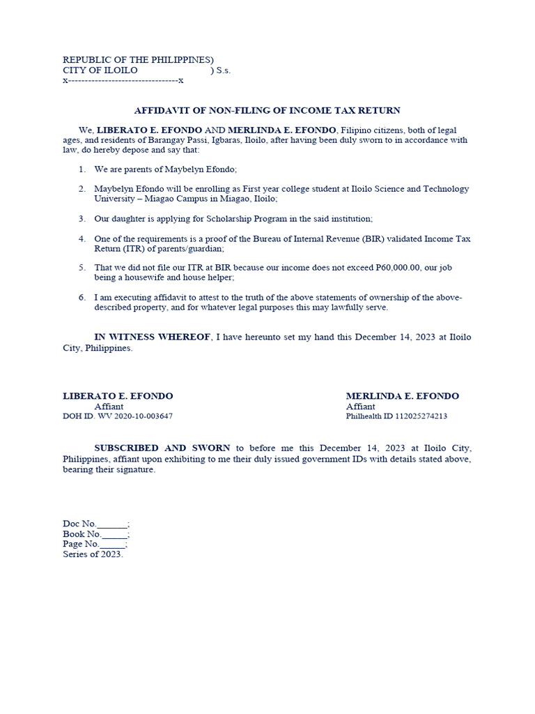 Affidavit of Non-Filing of ITR for Scholarship | PDF