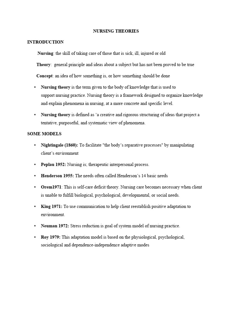 Overview of Nursing Theories and Models | PDF | Nursing | Theory