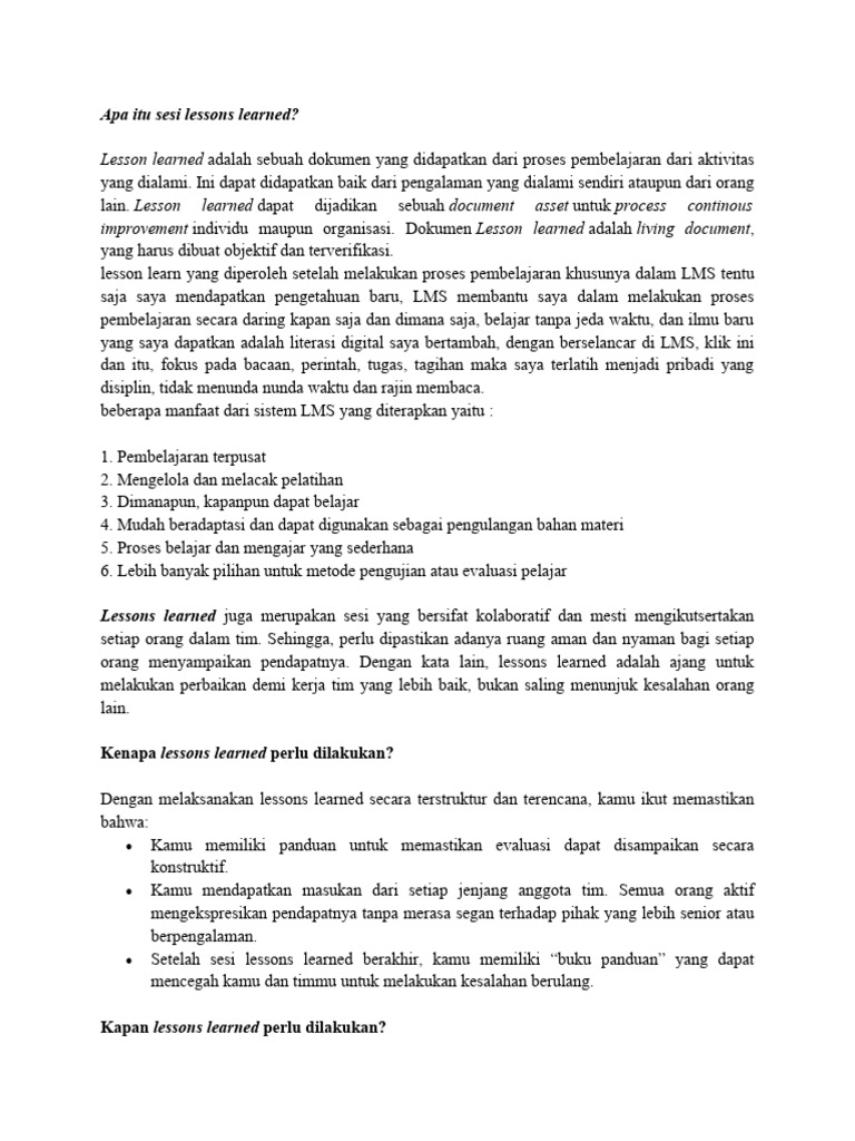 Arti dan Pentingnya Lessons Learned | PDF
