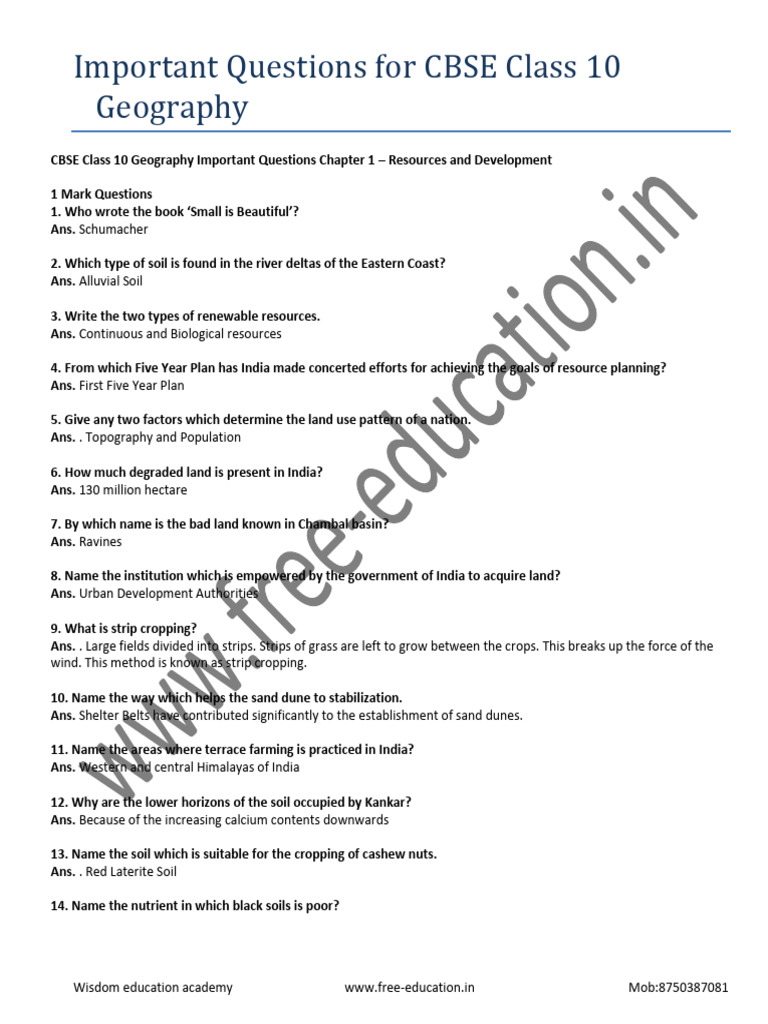 Important Questions For CBSE Class 10 Geography | PDF | Soil ...