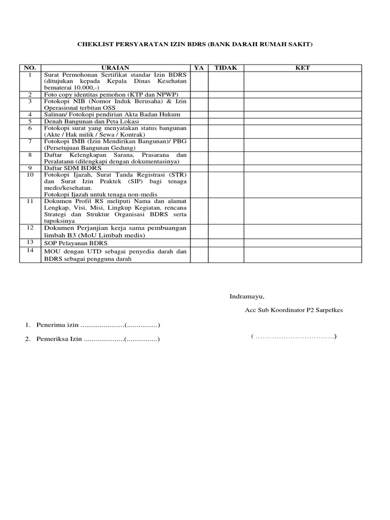 CHEKLIST Persyaratan IZIN BDRS | PDF