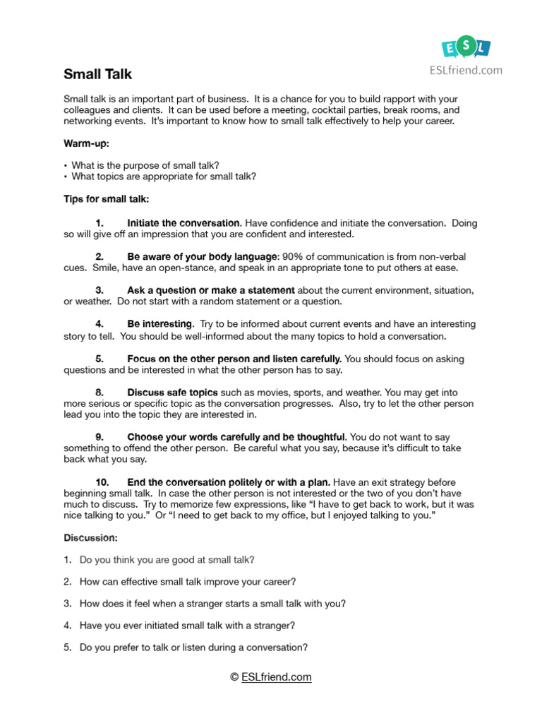 ESLConversation SmallTalkPackage | PDF | Conversation | Human Communication