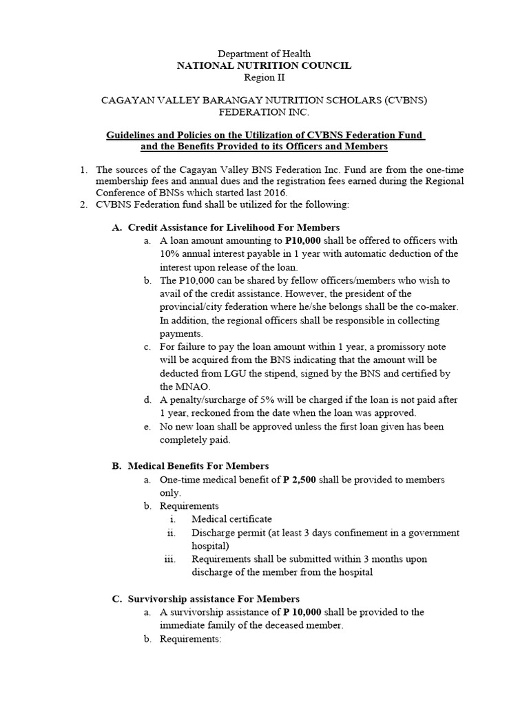 CVBNS Federation Fund Guidelines | PDF | Loans | Fee