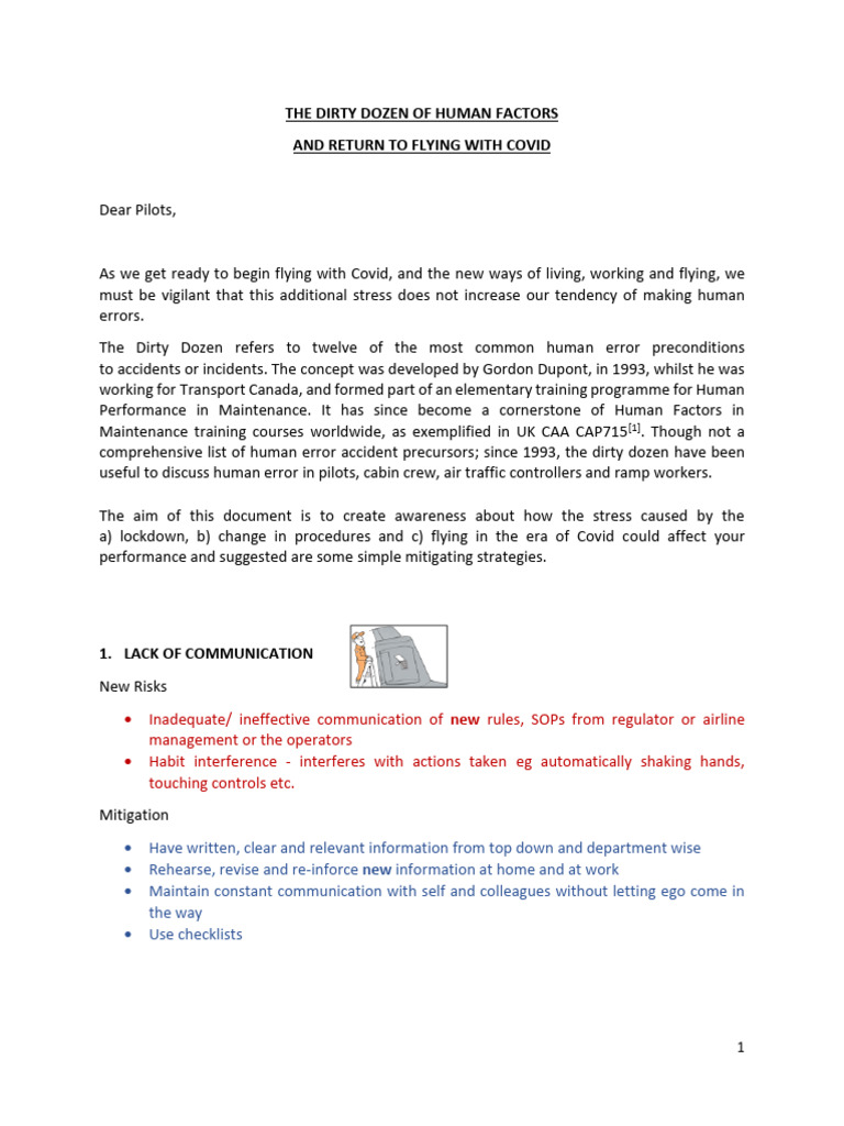 The Dirty Dozen of Human Factors and Return To Flying With COVID | PDF ...