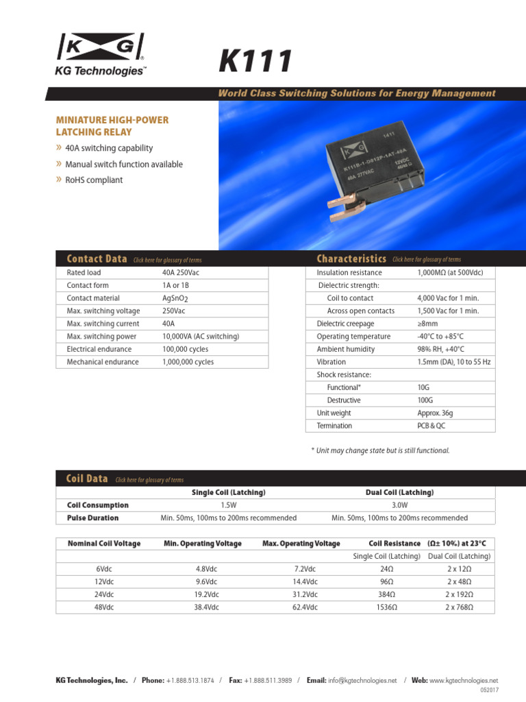 KG-K111 - Latching Relay - Data Sheet - 052017 | PDF | Relay | Inductor