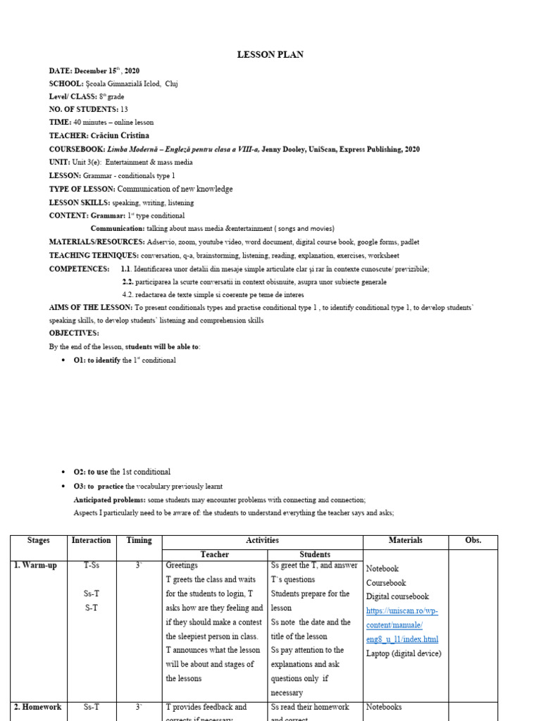 Clasa A VIII-a Plan de Lectie If Cond. Type 1 | PDF | Human Communication | Behavior Modification