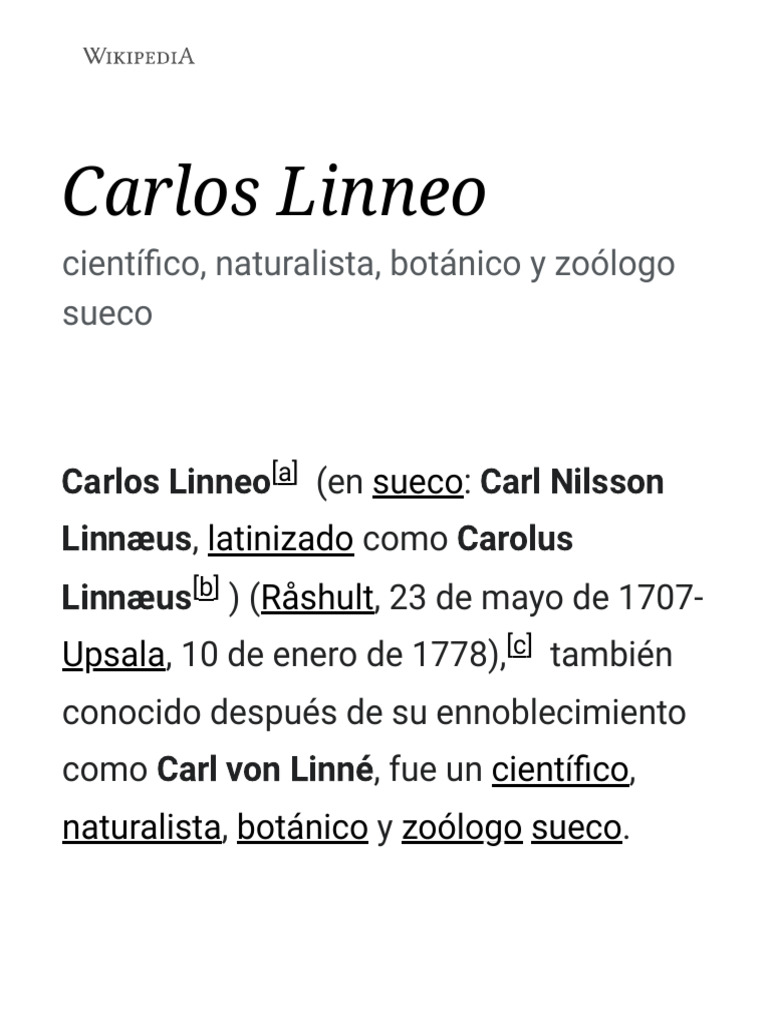 Carlos Linneo: Científico, Naturalista, Botánico y Zoólogo Sueco | PDF