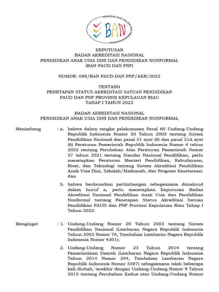 SK Akreditasi Provinsi Kep. Riau Tahap 1 - 1670599243 | PDF