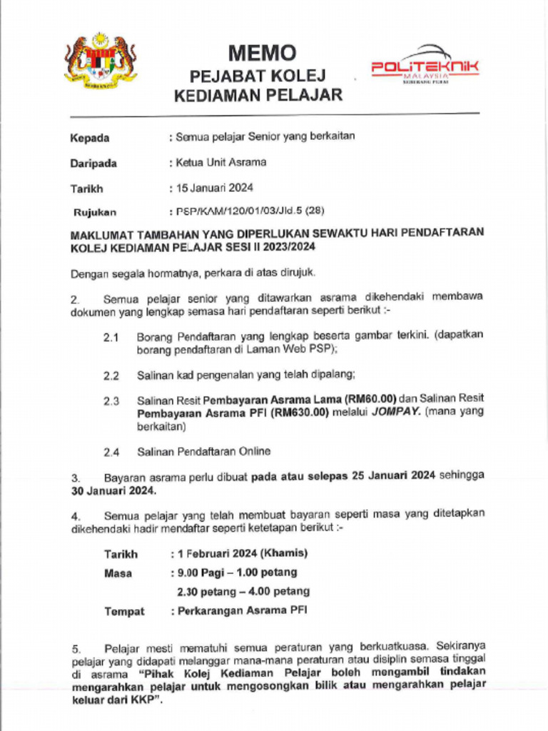 01.memo Maklumat Tambahan Semasa Pendaftaran Senior | PDF