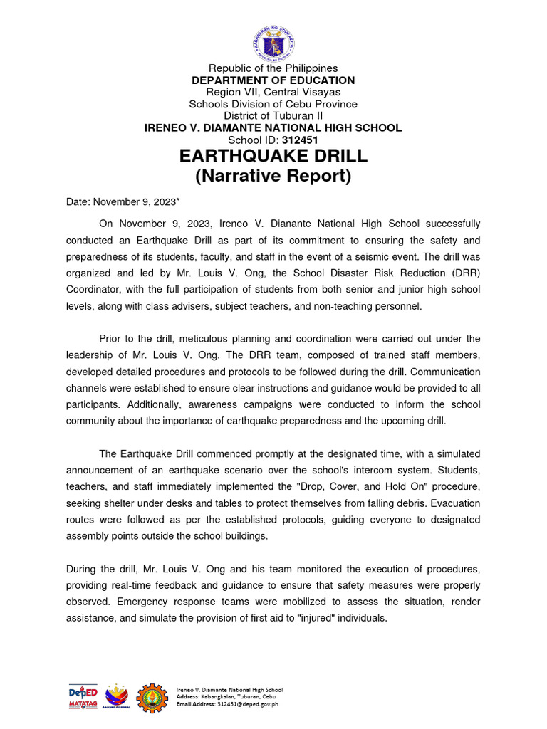 Ivdnhs - School Earthquake Drill Narrative | PDF | Emergency Management ...