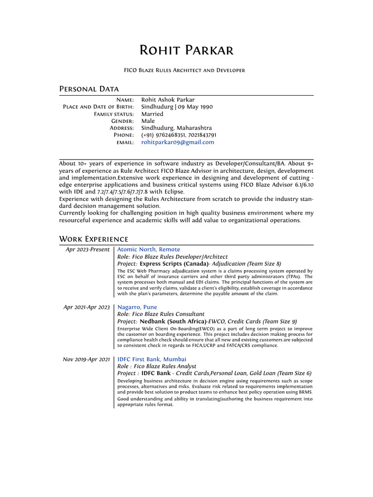Rohit Parkar: FICO Blaze Expert Profile | PDF | Computing