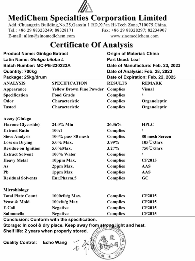 COA สารสกัดจากใบแปะก๊วย | PDF