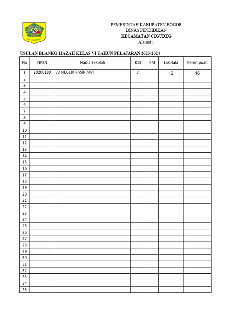 Format Pendataan Siswa Kelas VI Tahun 2024 SD NEGERI PASIR AWI | PDF