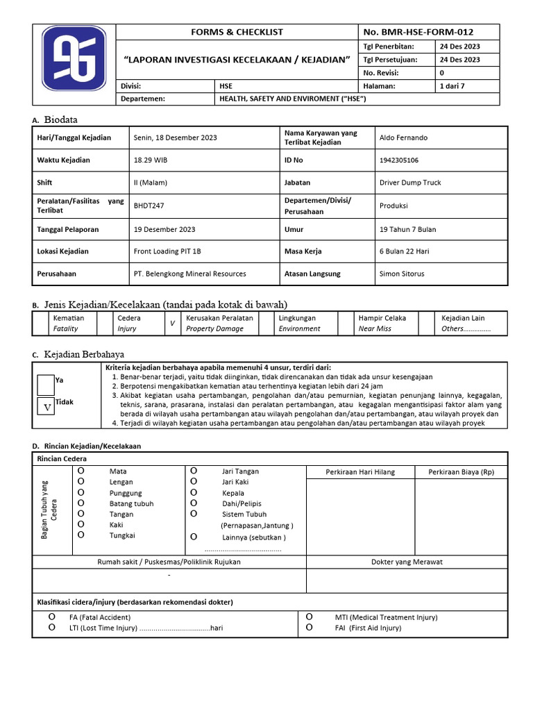 Bmr-Hse-Form-012 - Laporan Penyelidikan Insiden BHDT 247 | PDF