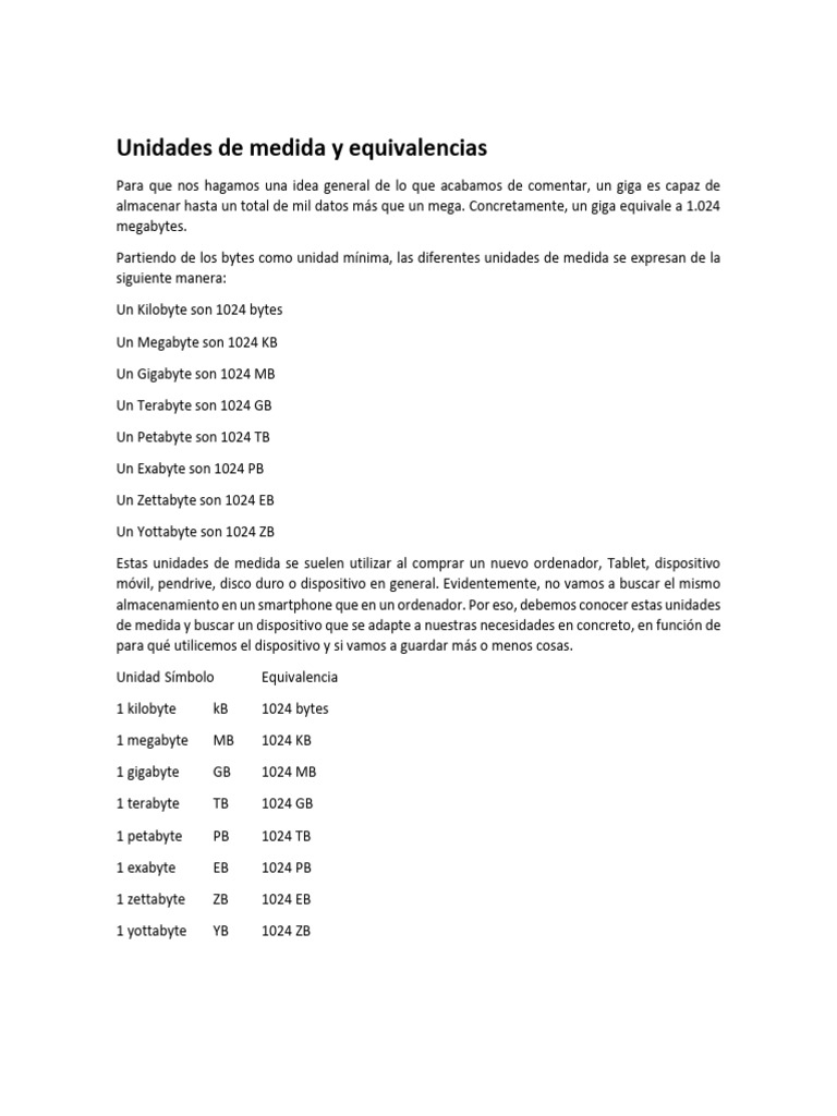 Unidades de Medida y Equivalencias | PDF | Byte | Unidades de medida