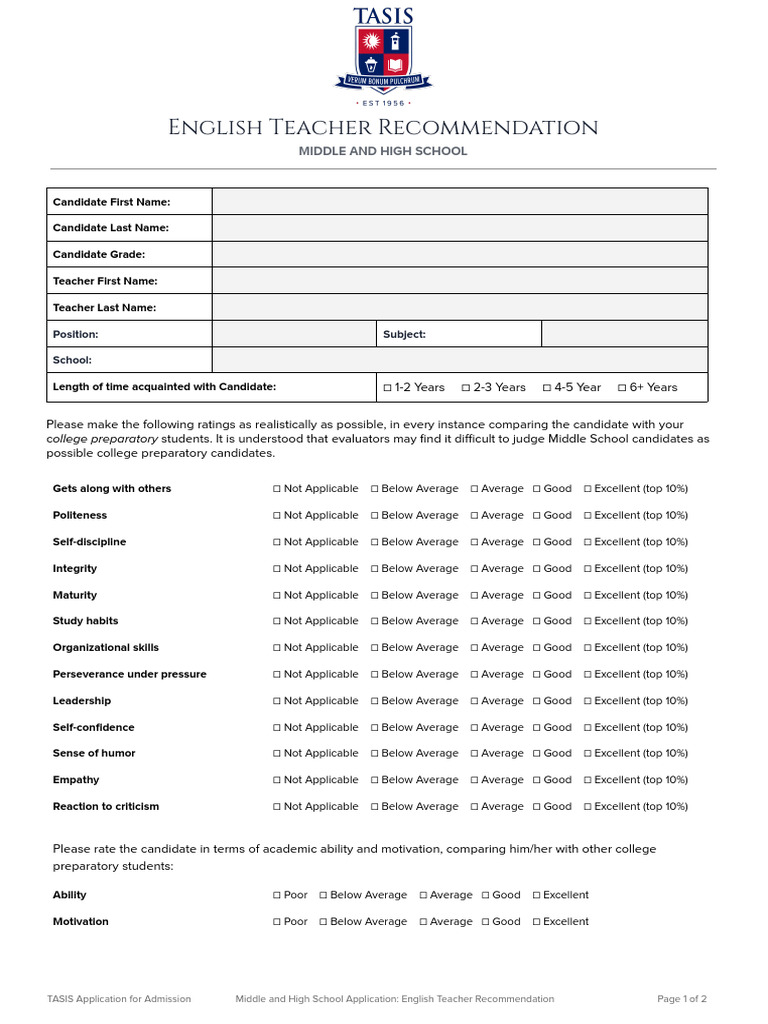 English Teacher Recommendation Form | PDF | English As A Second Or ...