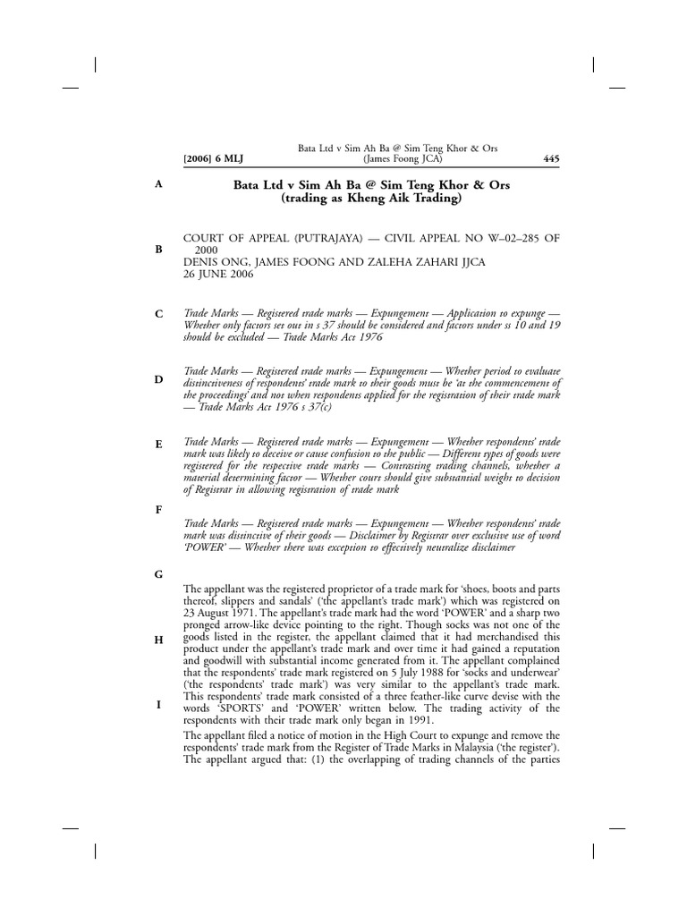 Bata LTD V Sim Ah Ba at Sim Teng Khor & Ors (Trading As Kheng Aik ...