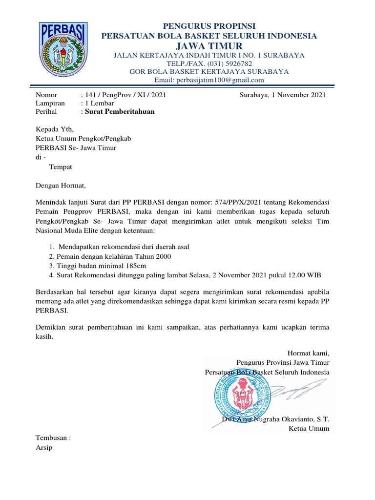 141 Surat Pemberitahuan Seleksi Timnas Muda Elite | PDF
