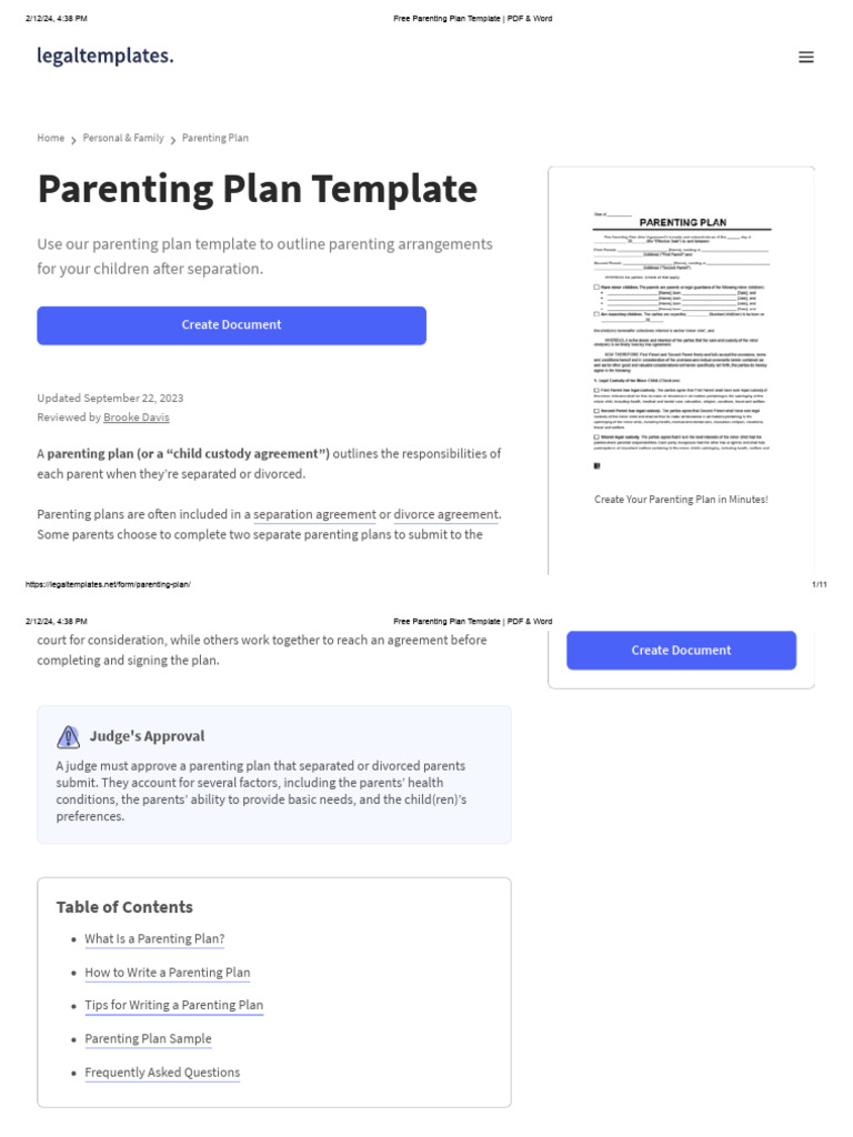 Free Parenting Plan Template - PDF & Word | PDF | Child Custody ...