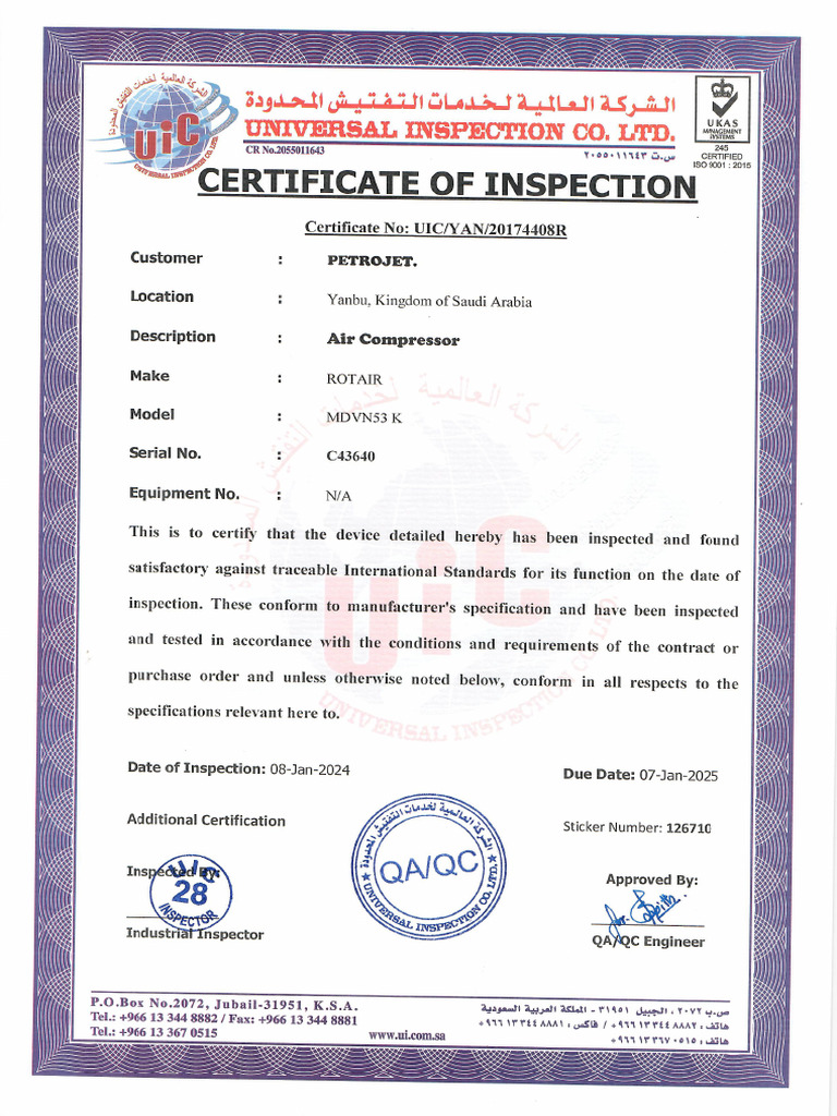 Air Compressor Certificate | PDF