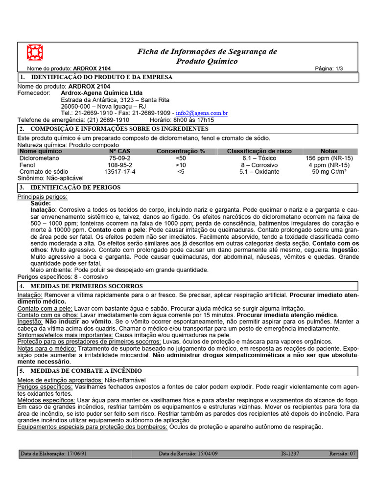 Ardrox 2104 MSDS | PDF | Queimadura | Química