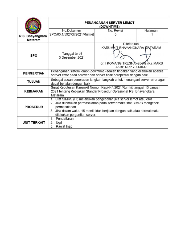 Sop Down Time & Simrs Lemot | PDF
