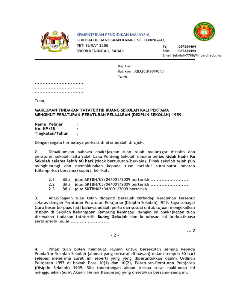 Contoh Surat Buang Sekolah Ponteng Sekolah Rendah | PDF