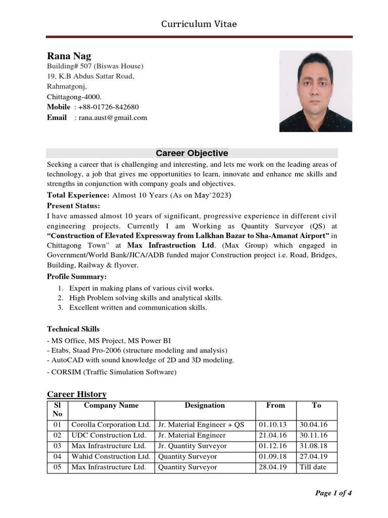 Engr. Rana Nag CV | Download Free PDF | Road | Specification (Technical Standard)