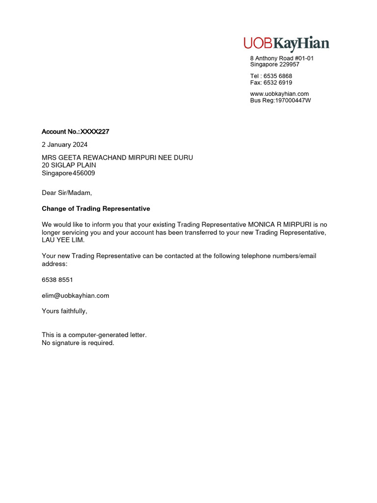Account No.:XXXX227: Change of Trading Representative | PDF