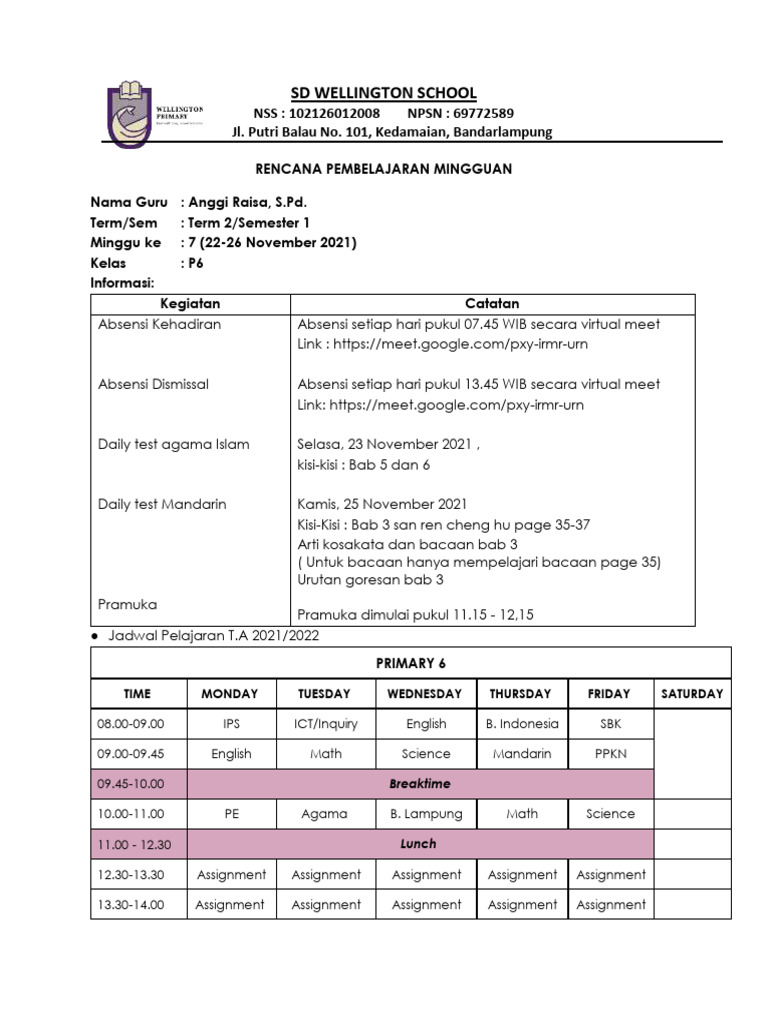 Weekly Plan P6 - Week 7 Term 2 New | PDF