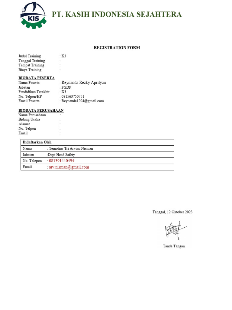 Form Register K3 PT. SJS | PDF