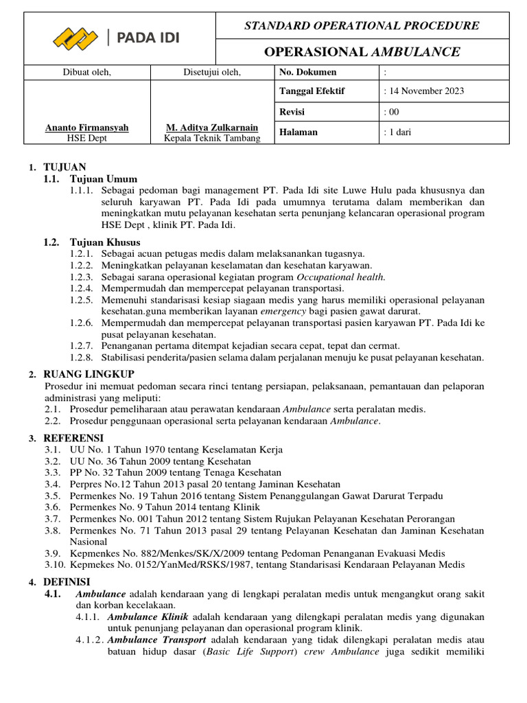 SOP - Operasional Ambulance | PDF