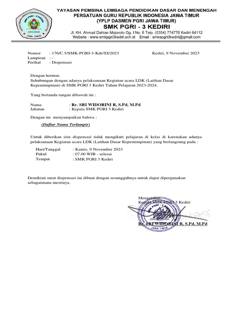 Surat Dispensasi LDK 2023 | PDF