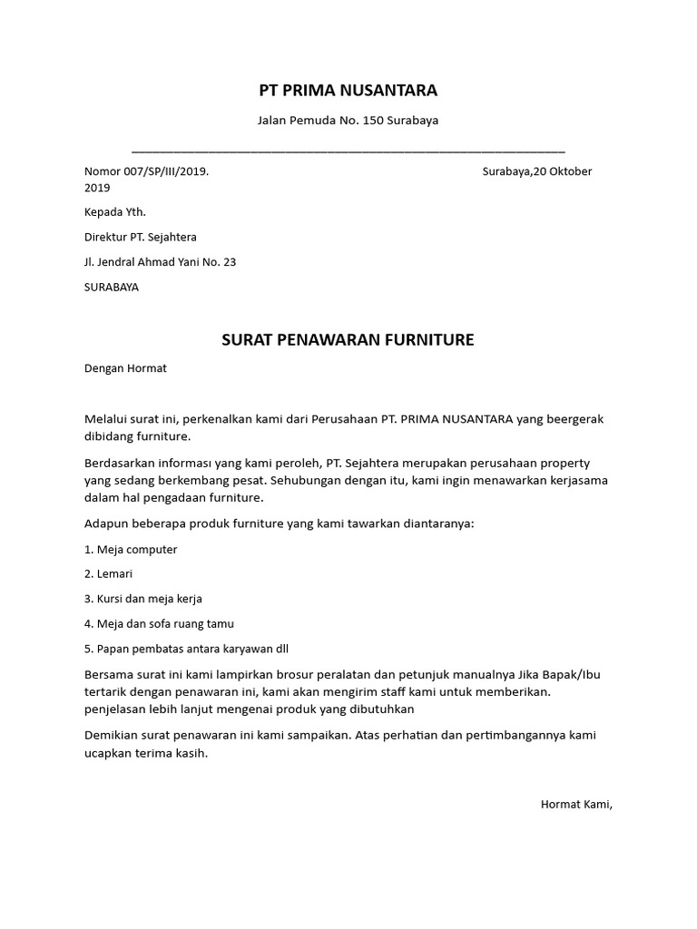 Penawaran Kerjasama Furniture PT Prima Nusantara | PDF