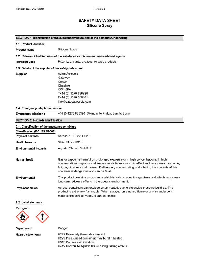 MSDS - Silicon Spray | PDF | Hazards | Nature