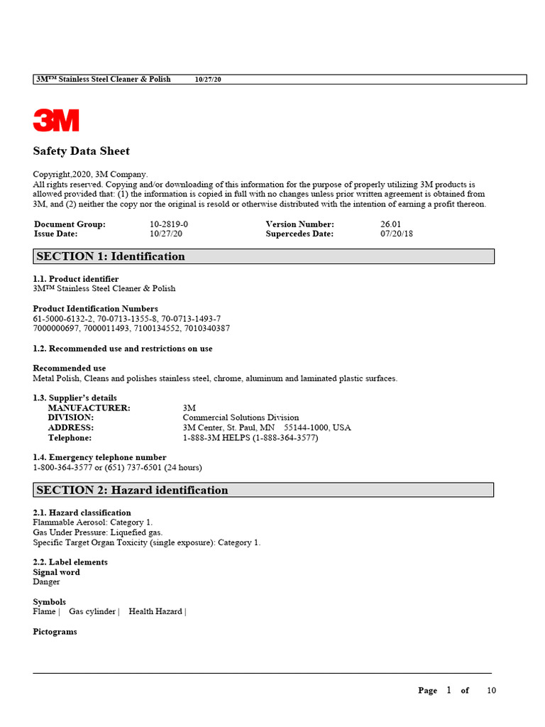 MSDS - 3M SS Clean & Polish | PDF | Toxicity | Dangerous Goods