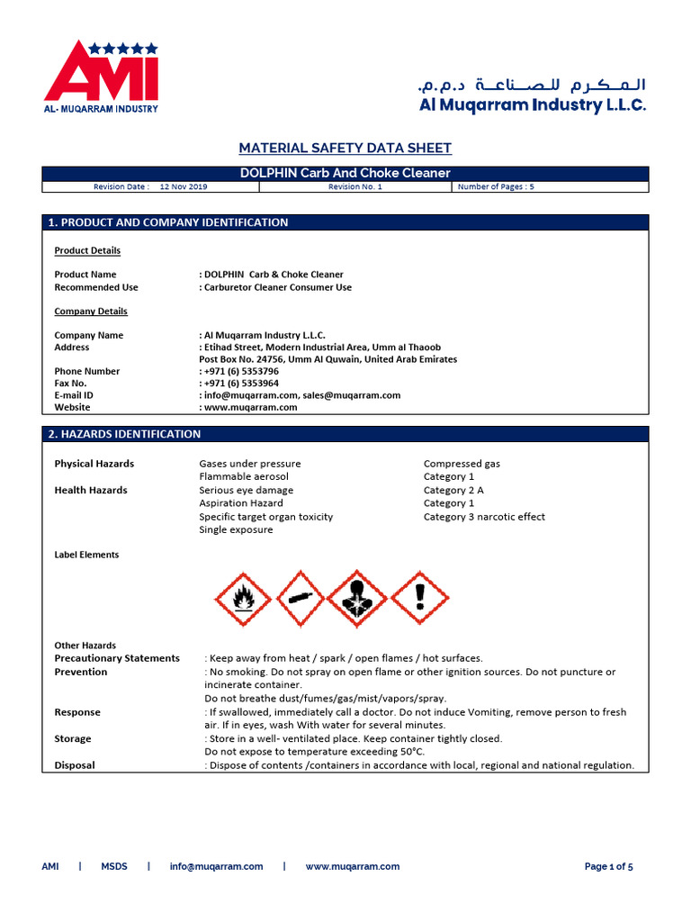 MSDS - Dolphin Carb & Choke Cleaner | PDF | Dangerous Goods | Personal Protective Equipment