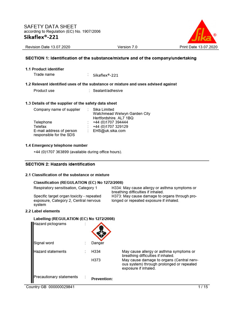 MSDS - Sikaflex 221 | PDF | Volatile Organic Compound | Dangerous Goods