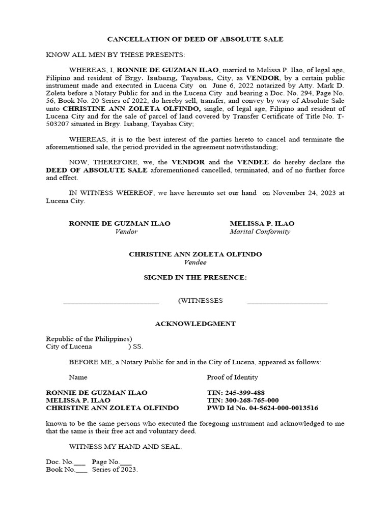 Cancellation of Deed of Absolute Sale | PDF | Notary Public | Civil Law ...