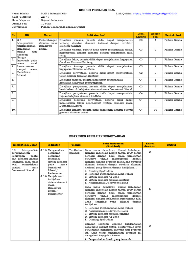 Kisi-Kisi, Instrumen, Dan Rubrik Penilaian 2 | PDF