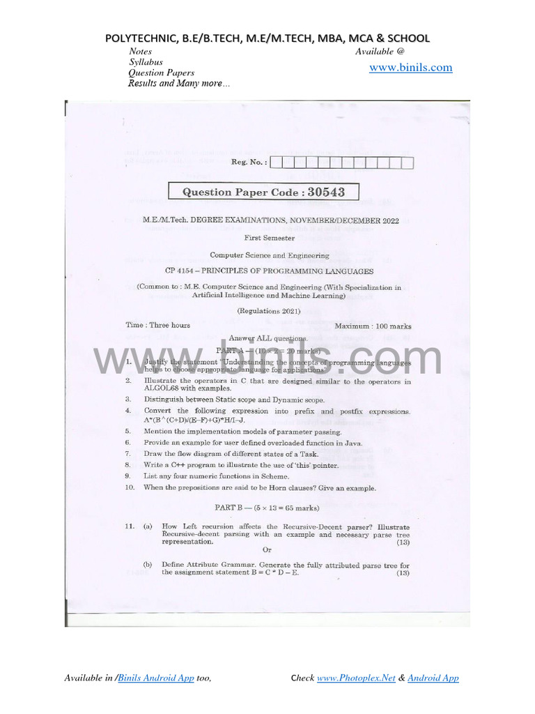 CP 4154 Principles of Programming Language Previous Question Paper | PDF