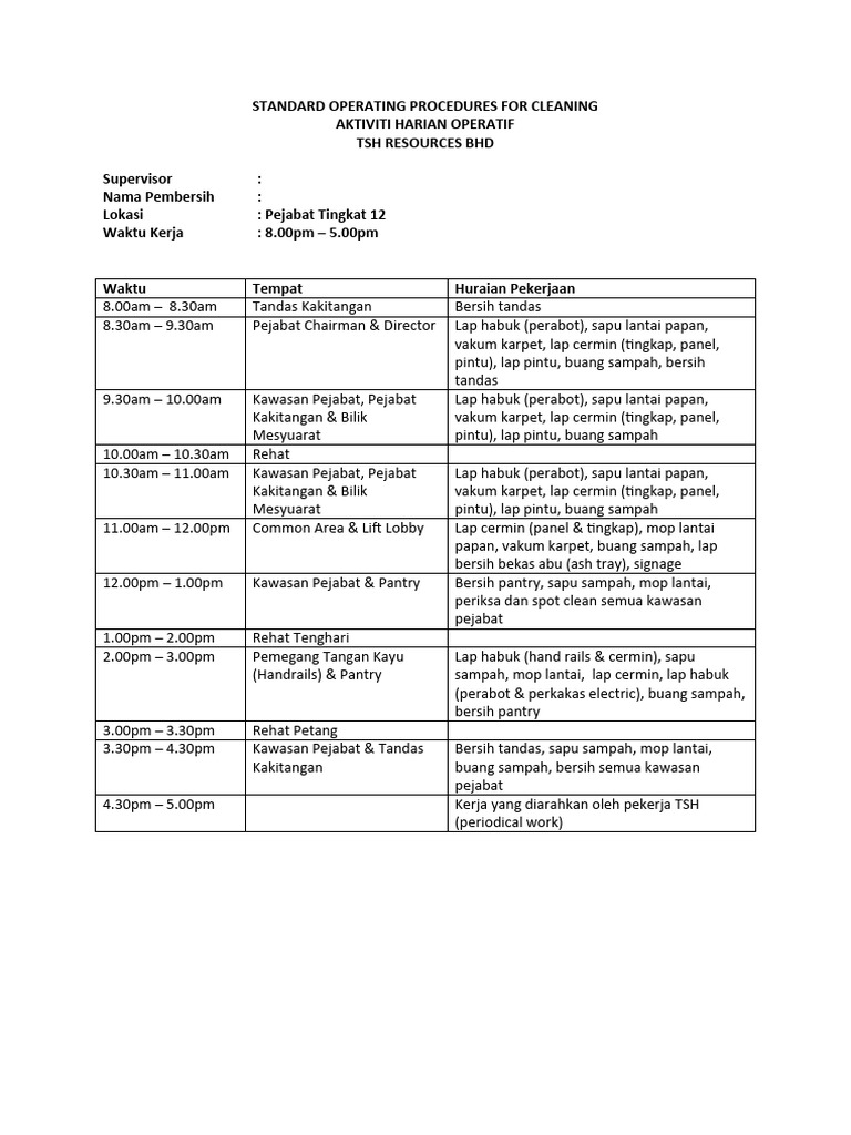 Standard Operating Procedures For Cleaning | PDF