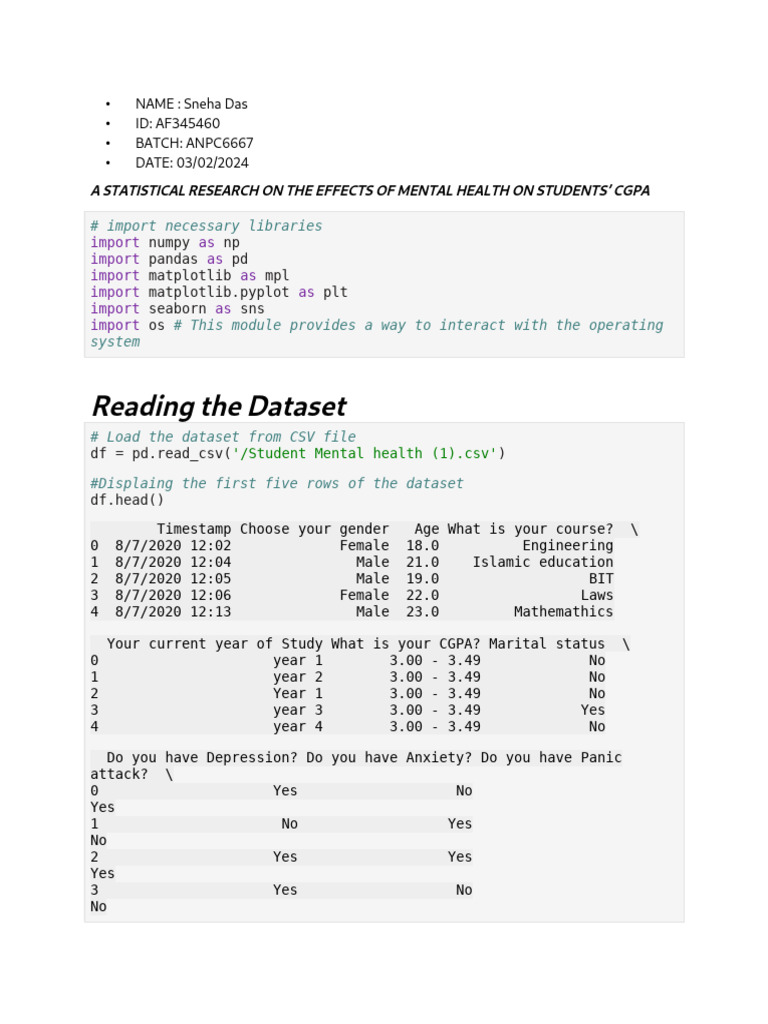 Python Project (Mental Health On CGPA) SnehaDas AF0345460 | PDF | Computing | Computer Programming